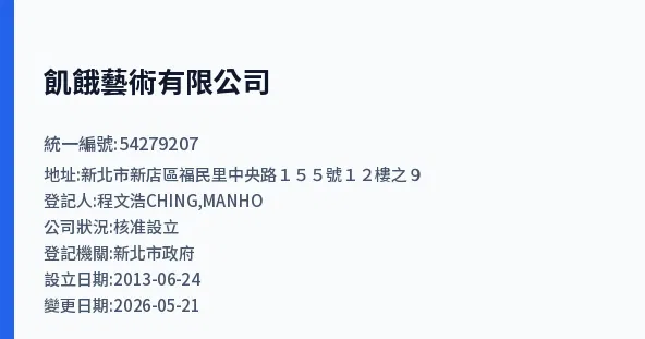 飢餓藝術有限公司的照片-統編 54279207(新北市) 公司登記資料與營業項目詳細圖表