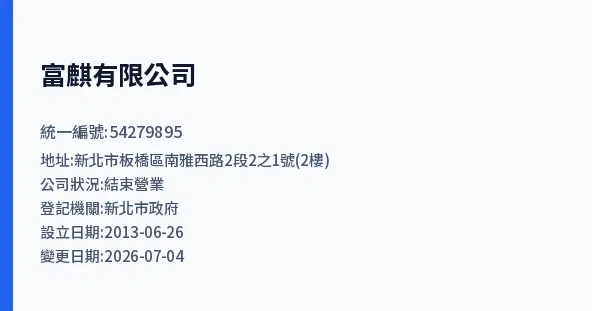 富麒有限公司的照片-統編 54279895(新北市) 公司登記資料與營業項目詳細圖表