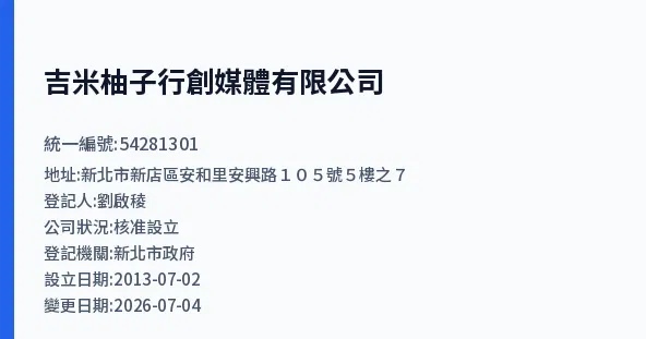 吉米柚子行創媒體有限公司的照片-統編 54281301(新北市) 公司登記資料與營業項目詳細圖表