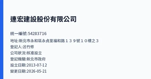 連宏建設股份有限公司的照片-統編 54283716(新北市) 公司登記資料與營業項目詳細圖表