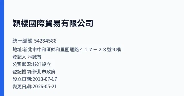穎櫻國際貿易有限公司的照片-統編 54284588(新北市) 公司登記資料與營業項目詳細圖表