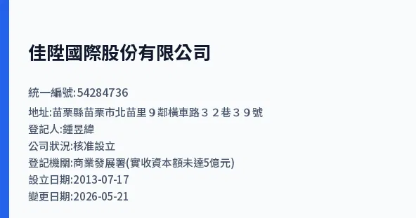 佳陞國際股份有限公司的照片-統編 54284736(苗栗縣) 公司登記資料與營業項目詳細圖表