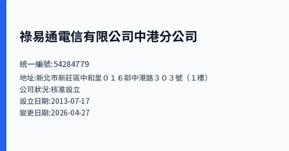 祿易通電信有限公司中港分公司的照片-統編 54284779(新北市) 公司登記資料與營業項目詳細圖表