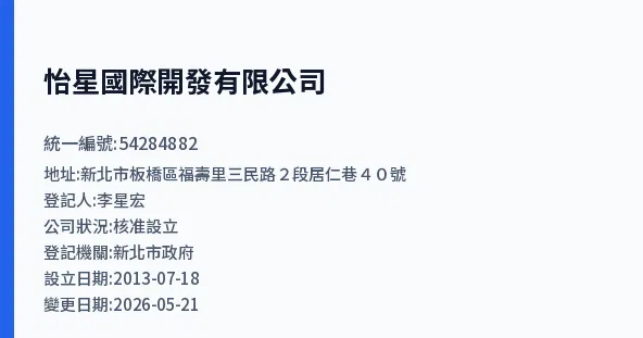 怡星國際開發有限公司的照片-統編 54284882(新北市) 公司登記資料與營業項目詳細圖表