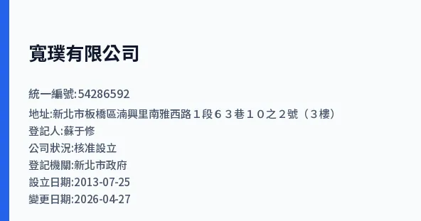 寬璞有限公司的照片-統編 54286592(新北市) 公司登記資料與營業項目詳細圖表