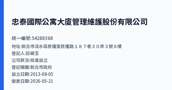 忠泰國際公寓大廈管理維護股份有限公司的照片-統編 54288368(新北市) 公司登記資料與營業項目詳細圖表