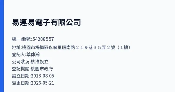易連易電子有限公司的照片-統編 54288557(桃園市) 公司登記資料與營業項目詳細圖表
