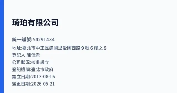 琦珀有限公司的照片-統編 54291434(臺北市) 公司登記資料與營業項目詳細圖表