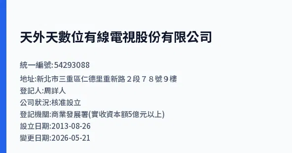 天外天數位有線電視股份有限公司的照片-統編 54293088(新北市) 公司登記資料與營業項目詳細圖表