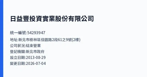日益豐投資實業股份有限公司的照片-統編 54293947(新北市) 公司登記資料與營業項目詳細圖表