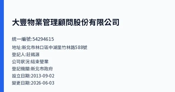 大豐物業管理顧問股份有限公司的照片-統編 54294615(新北市) 公司登記資料與營業項目詳細圖表