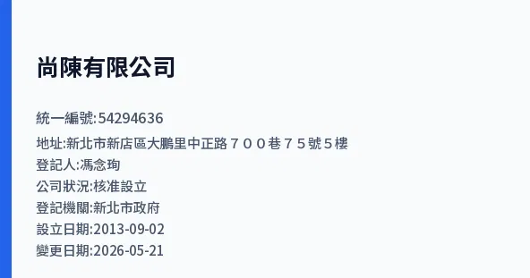 尚陳有限公司的照片-統編 54294636(新北市) 公司登記資料與營業項目詳細圖表