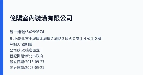 億陽室內裝潢有限公司的照片-統編 54299674(新北市) 公司登記資料與營業項目詳細圖表