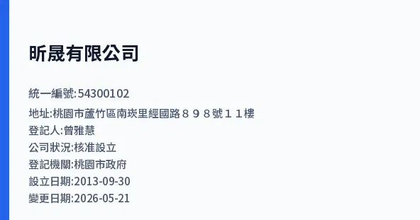 昕晟有限公司的照片-統編 54300102(桃園市) 公司登記資料與營業項目詳細圖表