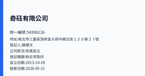 奇砡有限公司的照片-統編 54306226(新北市) 公司登記資料與營業項目詳細圖表