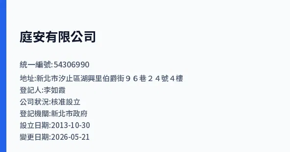 庭安有限公司的照片-統編 54306990(新北市) 公司登記資料與營業項目詳細圖表