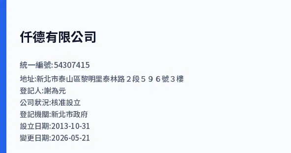 仟德有限公司的照片-統編 54307415(新北市) 公司登記資料與營業項目詳細圖表