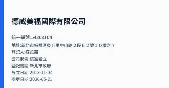 德威美福國際有限公司的照片-統編 54308104(新北市) 公司登記資料與營業項目詳細圖表