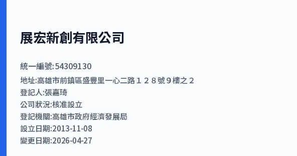 展宏新創有限公司的照片-統編 54309130(高雄市) 公司登記資料與營業項目詳細圖表