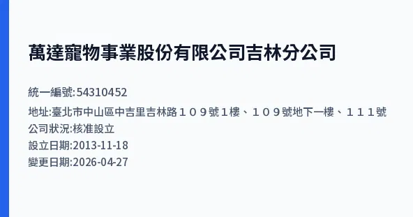 萬達寵物事業股份有限公司吉林分公司的照片-統編 54310452(臺北市) 公司登記資料與營業項目詳細圖表