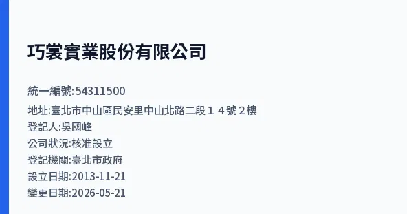 巧裳實業股份有限公司的照片-統編 54311500(臺北市) 公司登記資料與營業項目詳細圖表