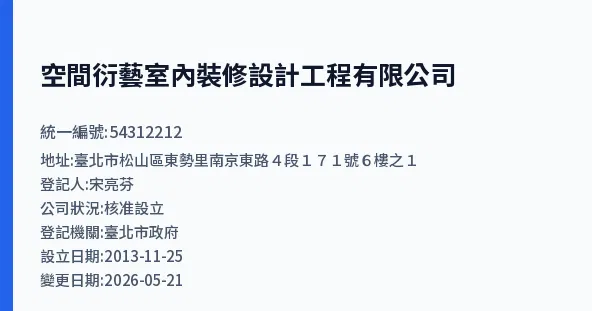空間衍藝室內裝修設計工程有限公司的照片-統編 54312212(臺北市) 公司登記資料與營業項目詳細圖表