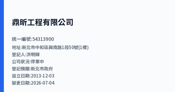 鼎昕工程有限公司的照片-統編 54313900(新北市) 公司登記資料與營業項目詳細圖表