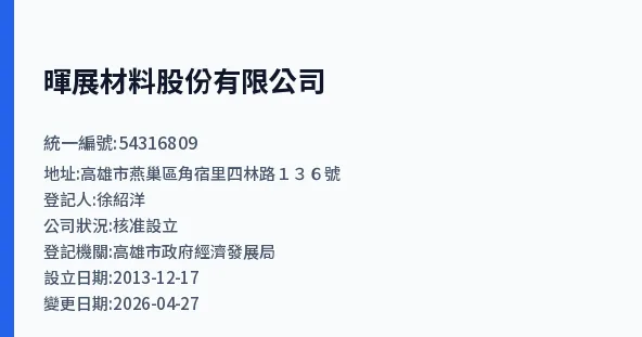 暉展材料股份有限公司的照片-統編 54316809(高雄市) 公司登記資料與營業項目詳細圖表