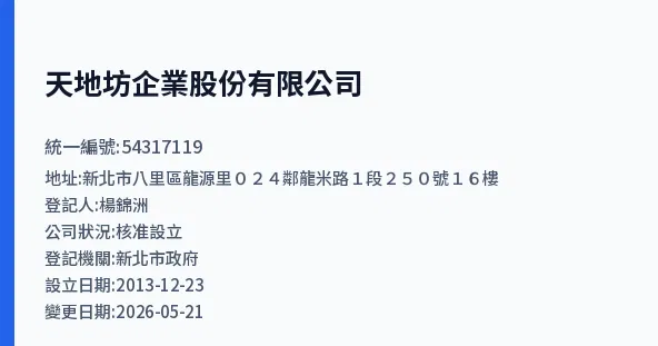 天地坊企業股份有限公司的照片-統編 54317119(新北市) 公司登記資料與營業項目詳細圖表