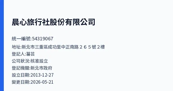 晨心旅行社股份有限公司的照片-統編 54319067(新北市) 公司登記資料與營業項目詳細圖表