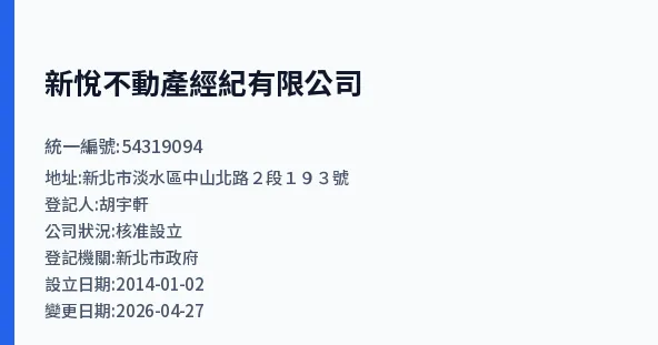 新悅不動產經紀有限公司的照片-統編 54319094(新北市) 公司登記資料與營業項目詳細圖表