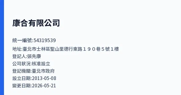 康合有限公司的照片-統編 54319539(臺北市) 公司登記資料與營業項目詳細圖表