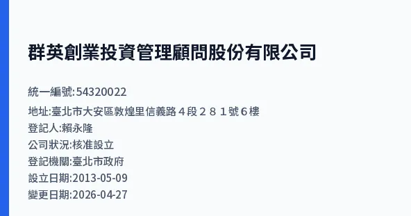 群英創業投資管理顧問股份有限公司的照片-統編 54320022(臺北市) 公司登記資料與營業項目詳細圖表