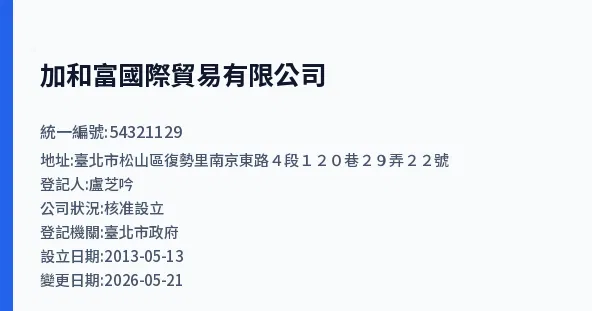 加和富國際貿易有限公司的照片-統編 54321129(臺北市) 公司登記資料與營業項目詳細圖表