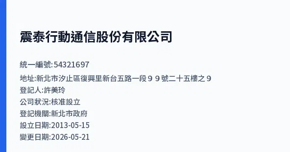 震泰行動通信股份有限公司的照片-統編 54321697(新北市) 公司登記資料與營業項目詳細圖表