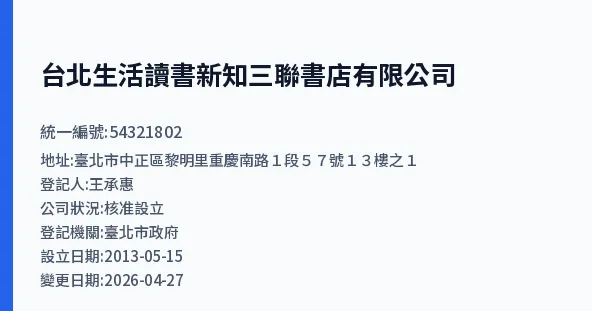 台北生活讀書新知三聯書店有限公司的照片-統編 54321802(臺北市) 公司登記資料與營業項目詳細圖表