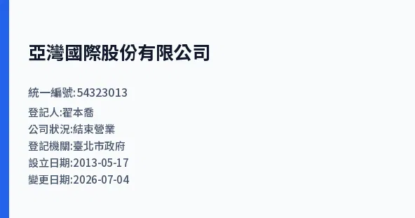 亞灣國際股份有限公司的照片-統編 54323013 公司登記資料與營業項目詳細圖表