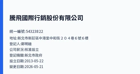 騰飛國際行銷股份有限公司的照片-統編 54323822(新北市) 公司登記資料與營業項目詳細圖表
