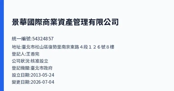 景華國際商業資產管理有限公司的照片-統編 54324857(臺北市) 公司登記資料與營業項目詳細圖表
