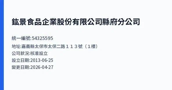 鈜景食品企業股份有限公司縣府分公司的照片-統編 54325595(嘉義縣) 公司登記資料與營業項目詳細圖表