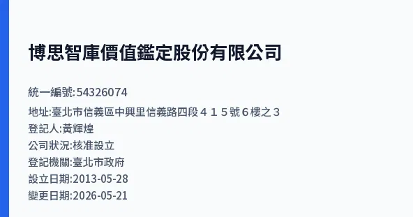 博思智庫價值鑑定股份有限公司的照片-統編 54326074(臺北市) 公司登記資料與營業項目詳細圖表