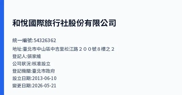 和悅國際旅行社股份有限公司的照片-統編 54326362(臺北市) 公司登記資料與營業項目詳細圖表