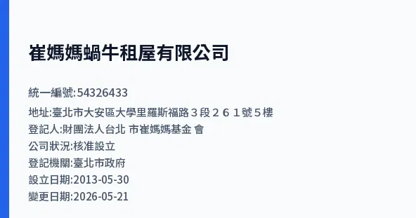 崔媽媽蝸牛租屋有限公司的照片-統編 54326433(臺北市) 公司登記資料與營業項目詳細圖表