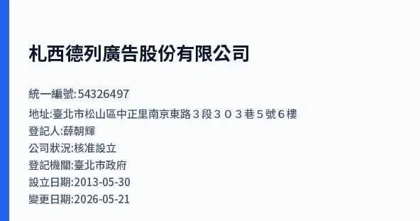 札西德列廣告股份有限公司的照片-統編 54326497(臺北市) 公司登記資料與營業項目詳細圖表