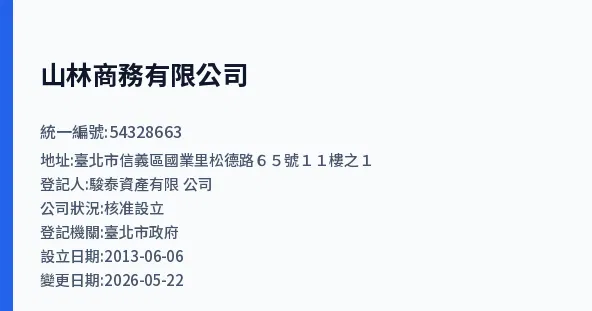 山林商務有限公司的照片-統編 54328663(臺北市) 公司登記資料與營業項目詳細圖表