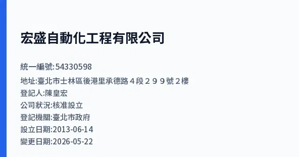 宏盛自動化工程有限公司的照片-統編 54330598(臺北市) 公司登記資料與營業項目詳細圖表