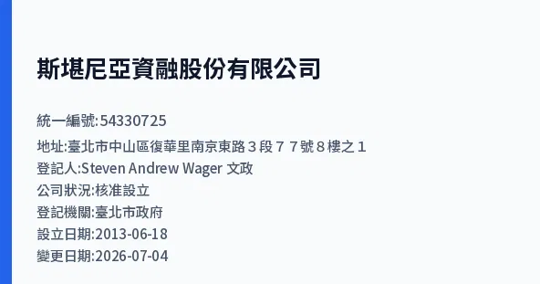斯堪尼亞資融股份有限公司的照片-統編 54330725(臺北市) 公司登記資料與營業項目詳細圖表