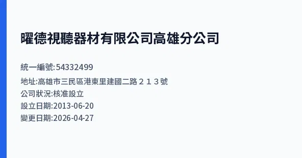 曜德視聽器材有限公司高雄分公司的照片-統編 54332499(高雄市) 公司登記資料與營業項目詳細圖表