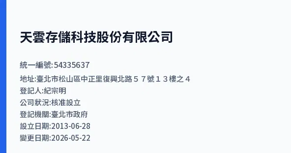 天雲存儲科技股份有限公司的照片-統編 54335637(臺北市) 公司登記資料與營業項目詳細圖表