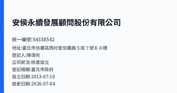 安侯永續發展顧問股份有限公司的照片-統編 54338542(臺北市) 公司登記資料與營業項目詳細圖表